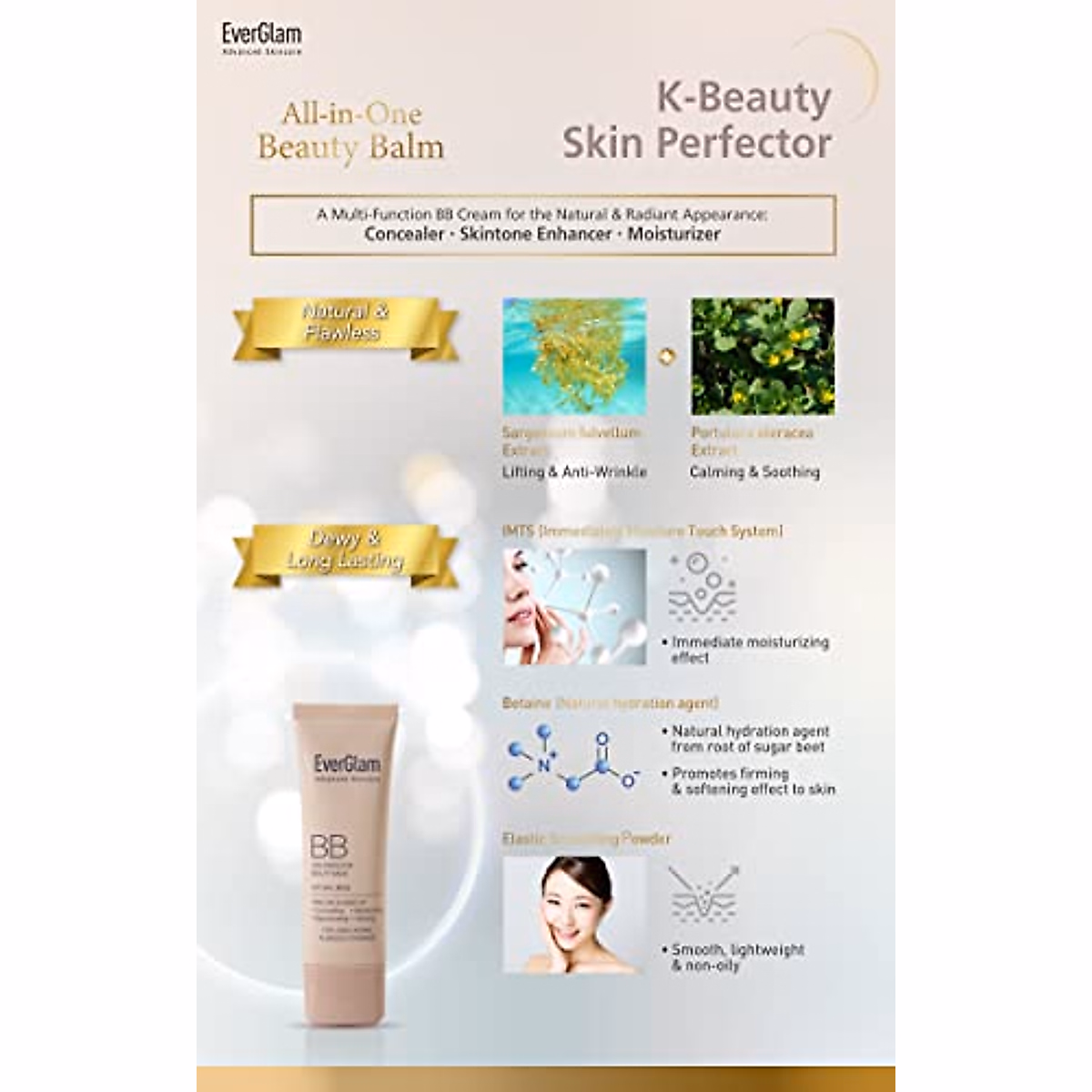 EverGlam K-Beauty Skin Perfector Korean BB Cream, Light Medium - Flawless, Natural Glow in Seconds | Multi-Function Tinted Moisturizer: Stays On All Day, Dewy, Water-Resistant, Oil-Controlling