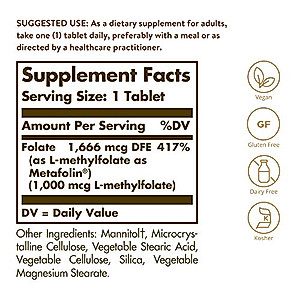 Solgar Folate 1000 mcg, 120 Tablets - 1000 mcg Bio-active Metafolin - Heart Health - Vegan, Gluten Free, Dairy Free, Kosher - 120 Servings
