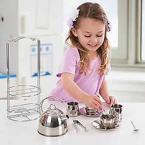 Melissa & Doug Stainless Steel Pretend Play Tea Set and Storage Rack for Kids (11 pcs)