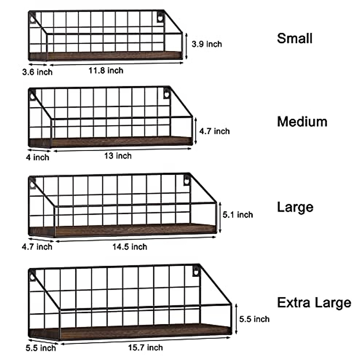 YGEOMER 4 Set Floating Shelves, Wall Hanging Shelves with Wire Baskets for Bathroom, Kitchen, Living Room, Bedroom (Carbon Black)