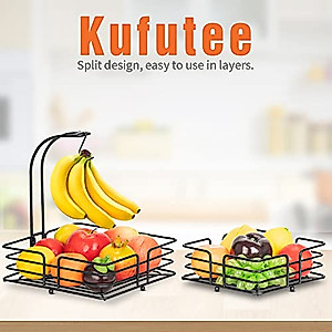 Kufutee 2 Tier Countertop Fruit Basket,Vegetables Bowl Storage With Banana Hanger,Black