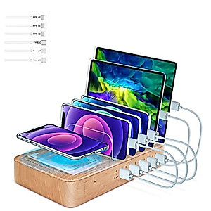 OTESS Fastest Charging Station for Multiple Devices, 5 USB Ports with 1 Qi Charging Pad, 6 Mixed Cable Included, for Apple/AirPods/iPad/Samsung/Android/Tablet