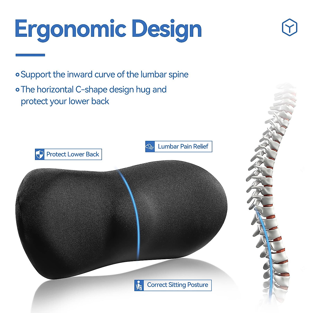 SHAKERINO Lumbar Support Pillow – Memory Foam Lumbar Pillow for Lower Back Support, Back Cushion with Strap for Pain Relief, Perfect Lumbar Support Pillow for Office Chair, Car Seat, Bed, Recliner