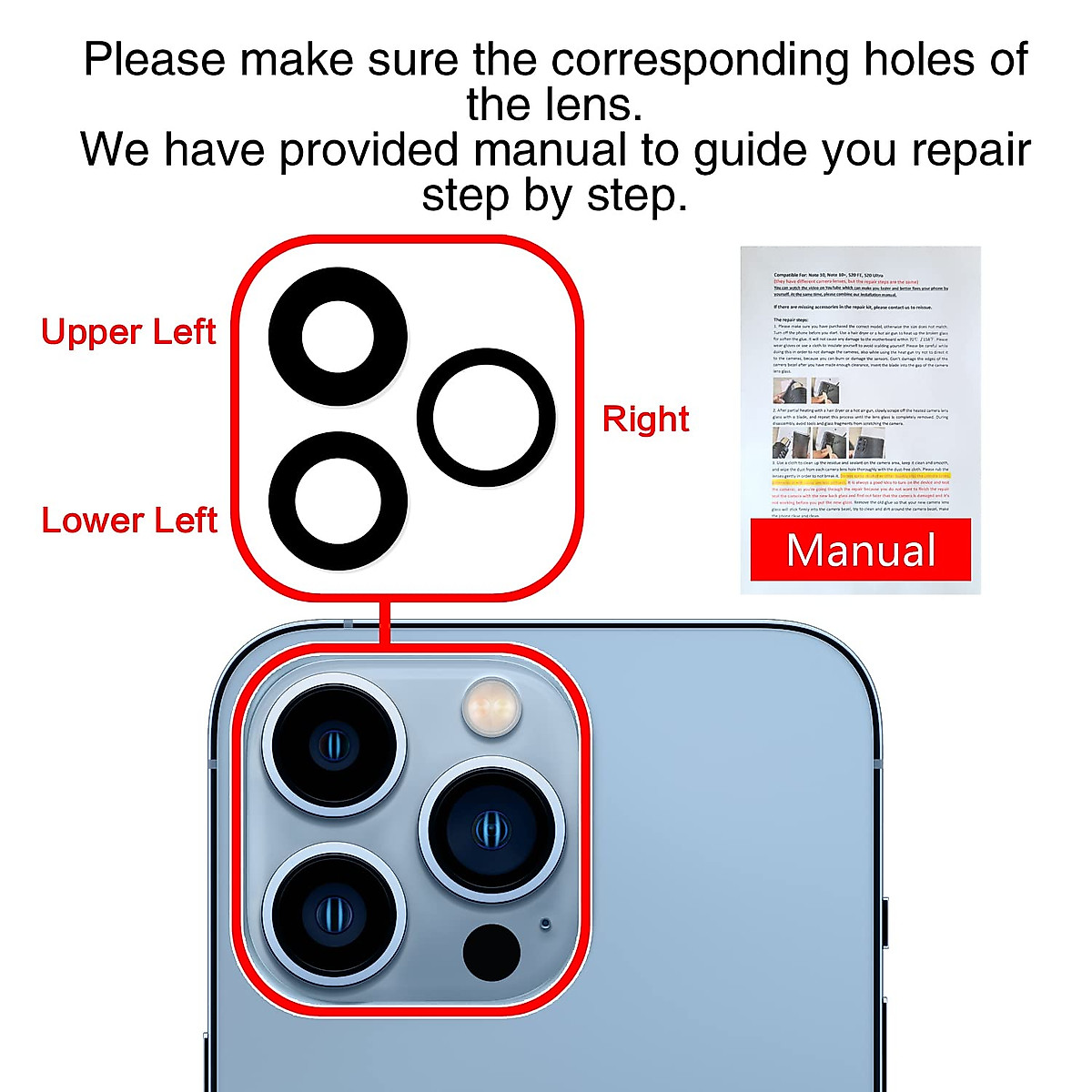 ASDAWN Back Camera Lens Glass Replacement for iPhone 13 Pro and 13 Pro Max, Rear Lens Glass Replacement kit with Pre-Installed Adhesive + Installation Manual + Repair Tool Kit