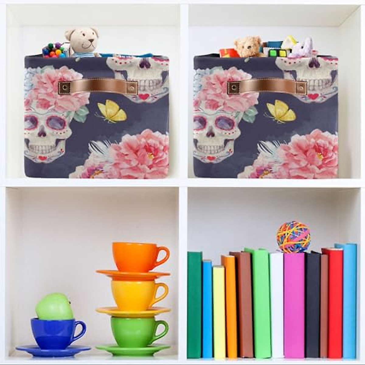 Skull Peony Flowers Storage Basket Bins Foldable Toy Baskets Organization with Handles Laundry Hamper for Living Room Clothes Nursery Closet Shelf Playroom,2 pcs