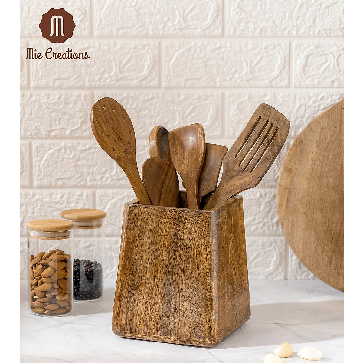 Mie Creations Rustic 7'' Large Utensil Holder Crock for Kitchen Countertop | Thanksgiving Christmas Utensils Crock, Wooden Square Spatula Organizer Caddy for Party, Cooking Counter Decor- Dark Brown
