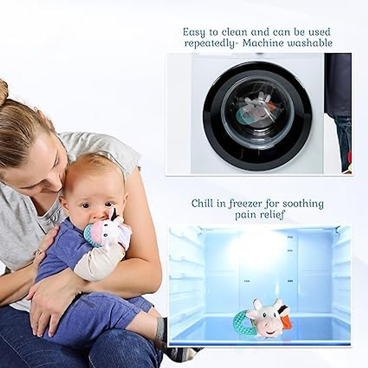 Wristy Buddy Teething Ring for Babies 0-6 8 10 12 Months | Cute Soft Cow Teething Toys & Gloves | Baby Teething Relief Toy Pack | Infant Chew Toys for 3-6 Months, 1 2 3 Years