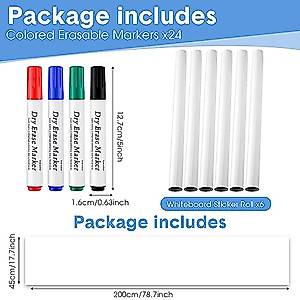 Seajan 6 Pack Dry Erase Whiteboard Sticker Rolls 17.7 x 78.7 Inches White Board Wallpaper Peel and Stick Adhesive Board Wall Decal Dry Erase Contact Paper with 24 Markers for School Office Home
