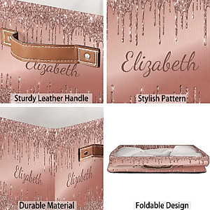 RIRIX Personalized Storage Bin, Custom Storage Baskets for Organizing with Handles, Foldable Storage Box for Closet Cloth Baskes Toy Rose Gold Dripping Glitter
