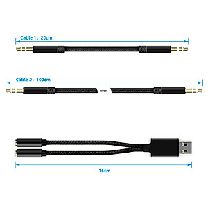 EBEETECH USB to Dual 3.5mm Audio Jack Adapter, Mic-Supported Headphone Adapter for Two Headphones, Speakers to Laptop, with 3-Pole 3.5mm Jack Audio Cables (20cm&100cm) [3 Pack], Black