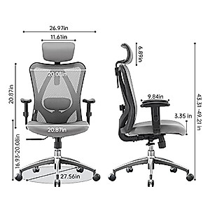 SIHOO M18 Ergonomic Office Chair for Big and Tall People Adjustable Headrest with 2D Armrest Lumbar Support and PU Wheels Swivel Tilt Function Grey