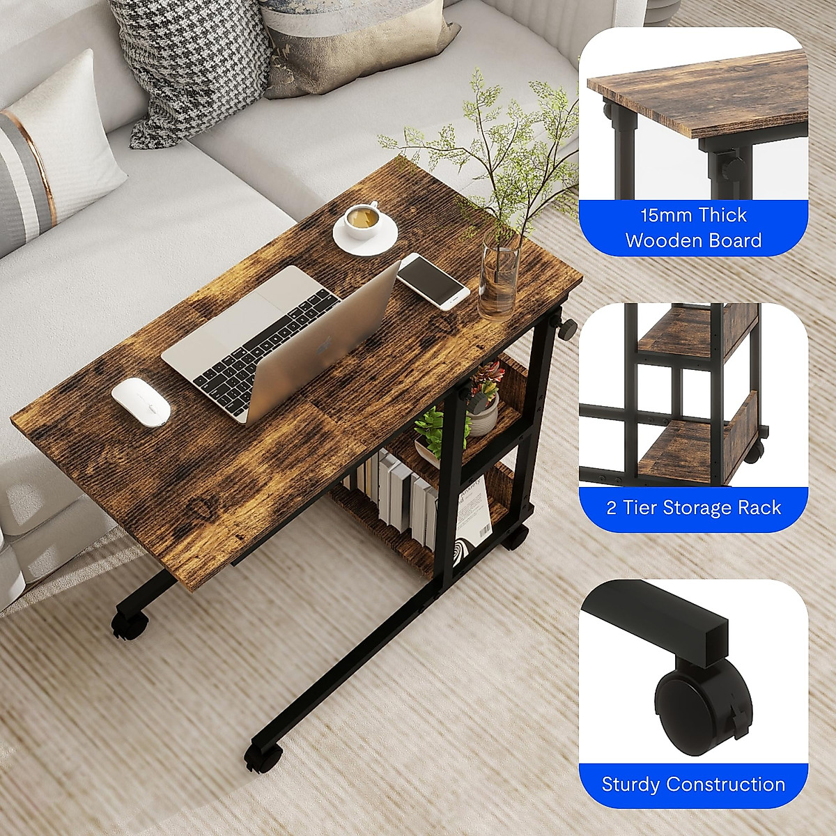 FLEXISPOT Adjustable C Table with Wheels, Mobile Snack Side End Table Sofa Couch Bedside Table Laptop Rolling Cart TV Tray Night Stand with Storage Shelves for Small Space Side Table,Rustic Brown