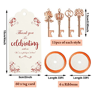 60 Pieces Key Bottle Opener with 60 Pieces Tag Rose Gold Skeleton Key Bottle Opener 4 Styles Include Crown, Heart, Sun Flower and Rose with 6 Rolls Ribbons for Wedding Bridal Shower Party Favor Gifts