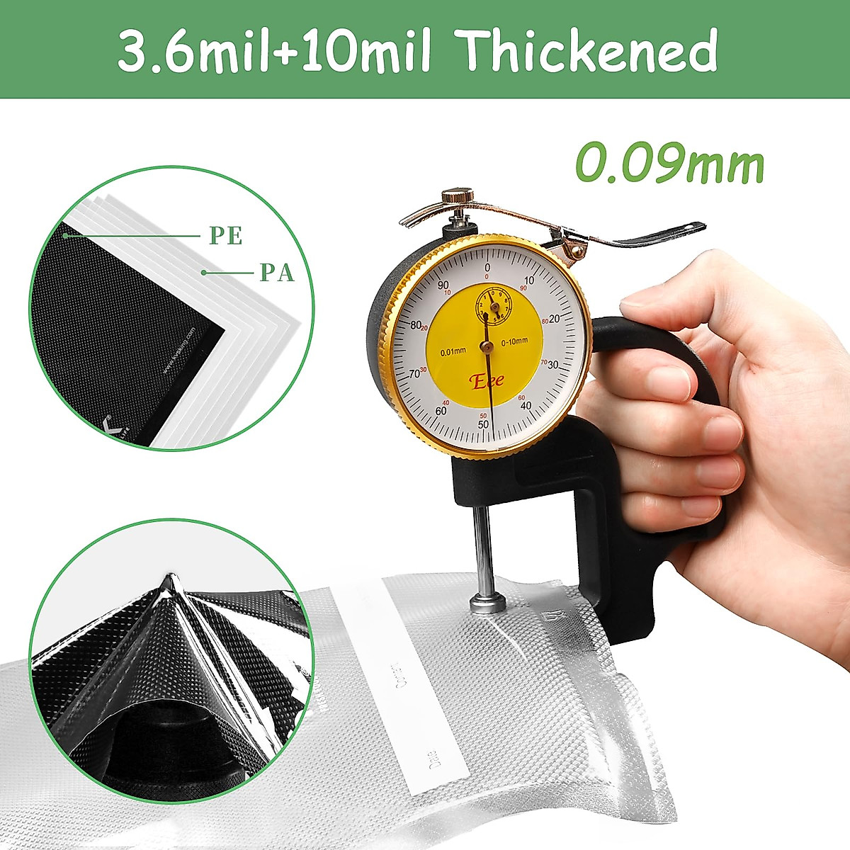 KVSK Black Clear Vacuum Seal Rolls Bags - 11" x 16.4 ' 3 Pack, 3.6mil+10mil Thickened Commercial Grade Roll For Food Storage, BPA Free & Prevent Freezer Burns