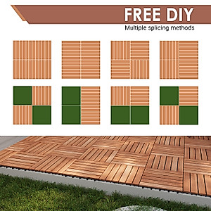 PrimeZone 27 PCS Solid Acacia Wood Interlocking Patio Deck Tiles - 12" x 12" Indoor Outdoor Waterproof Flooring Tiles for Balcony, Backyard, Garden & Poolside, All Weather Use, Natural Wood
