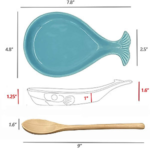 Ceramic Spoon Rest for Kitchen with Wooden Spoon, Whale Shape, 4.8W X 7.8L