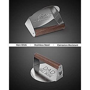GALVANOX BBQ Press Grilling Gift for DAD The Grill Boss - Stainless Steel Smash Burger Press for Hamburger/Bacon with Wood Handle & Beer Opener (for Christmas, Birthday, Fathers Day)