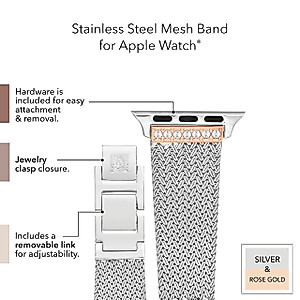 Anne Klein Mesh Fashion Band for Apple Watch, Secure, Adjustable, Apple Watch Replacement Band, Fits Most Wrists (42/44/45mm, Silver),WK-1015RGTT