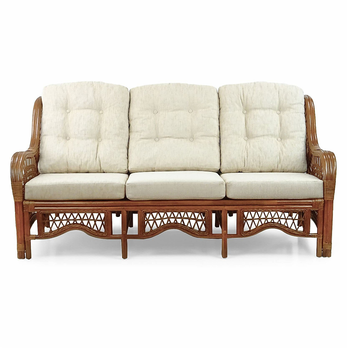 Malibu Lounge Three-Seater Sofa Natural Rattan Wicker Handmade Design with Cream Cushions, Colonial