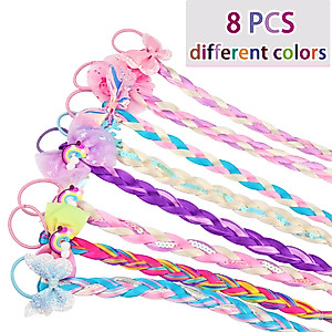 8 Pieces Colored Braids Hair Extensions with Rubber Bands Ponytails Hair Bows Rainbow Color Synthetic Hairpieces Glitter Braided Hair Extensions for Women Kids Girls Party Highlights Cosplay Dress Up