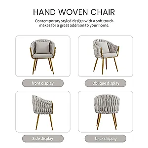 BOSMILLER Woven Dining Chairs, Modern Dining Room Chairs with Gold Metal Non-slip Legs, Curved High Backrest Round Upholstered Dining Chair with Headrest, for Living Room, Dining Room (Beige)