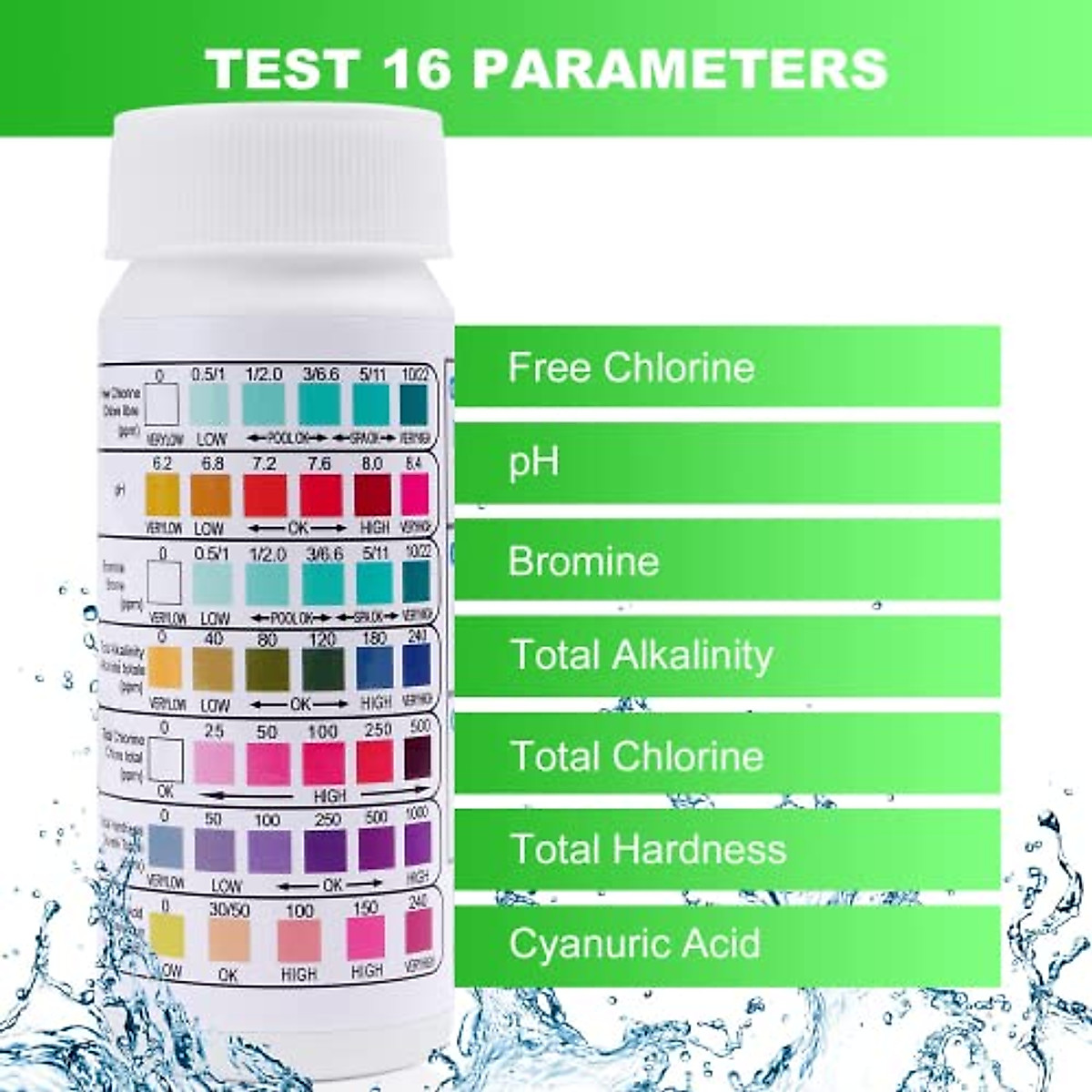 7 in 1 Pool and Spa Test Strips, 100PCS Swimming Pool Water Test Strip, Hot Tub Water Test Strips, Total Hardness, Total Chlorine, Bromine, Free Chlorine, PH, Cyanuric Acid & Total Alkalinity