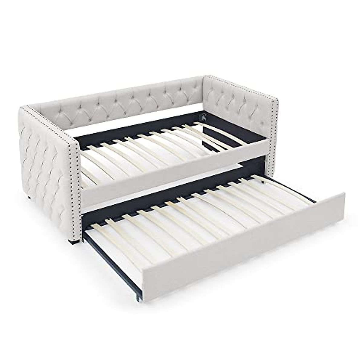 Daybed with Trundle, Upgraded Linen Upholstered Twin Size Day Bed Button-Tufted Sofa Daybed Frame with A Trundle, No Box Spring Needed, Furniture for Bedroom Living Room Guest Room (Beige, Twin)