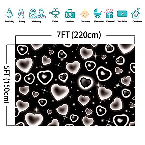 VOUORON 7x5ft Early 2000s Backdrop for Black Heart Party Photography Backdrops Glitter Heart Sweet 16 Happy Birthday Photo Background Wall Decor Valentines Day Photoshoot Banner