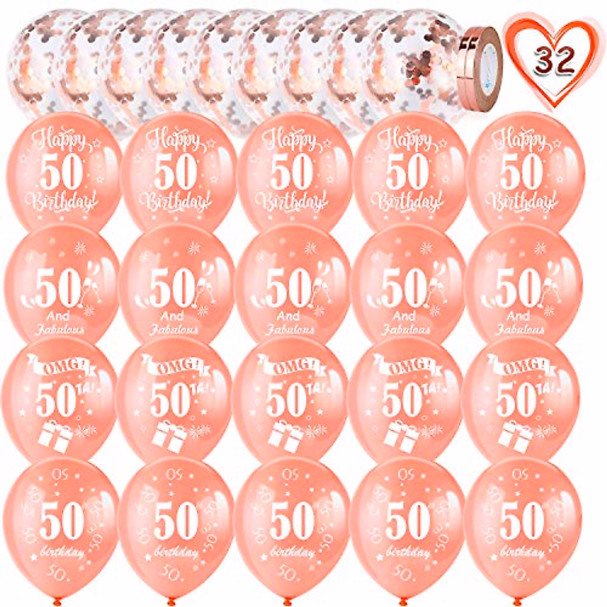 HOWAF 50th Birthday Balloons, Pack Of 30 Rose Gold Birthday Balloons Latex Confetti Balloons & 2 Ribbons for Men Women Happy 50th Birthday Party Decorations Supplies
