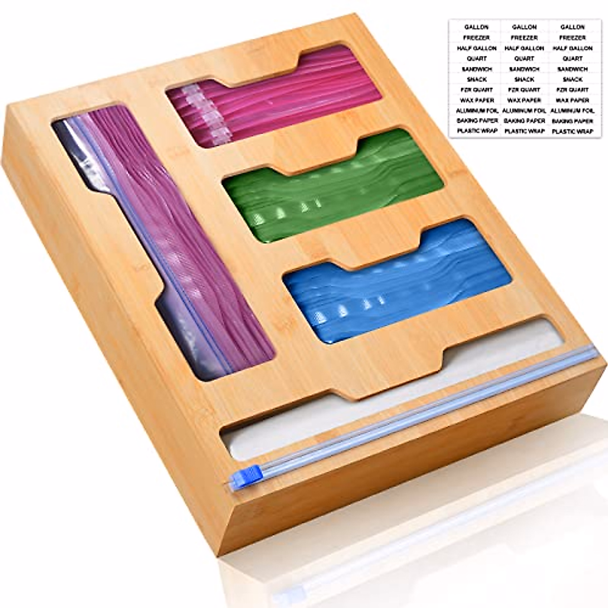 Numola Ziplock Bag Storage Organizer with Wrap Dispenser, Zipper Bag Organizer Compatible with Gallon, Quart, Sandwich, Snack Bags of Most Sizes and Rolls Less Than 12" (1 Box 5 Slots)