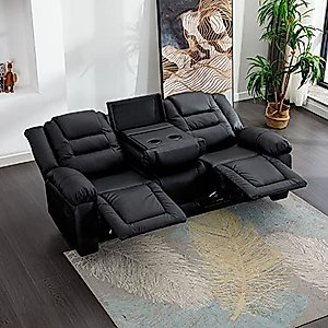 ERYE Faux Leather Manual Motion 3 Seaters Sectional Sofa Couch with 2 Cup Holders and Two Recliner Chaise, PU Wall Hugger Sofa & Couch for Home Office Theater Apartment RV Living Room Furniture Sets
