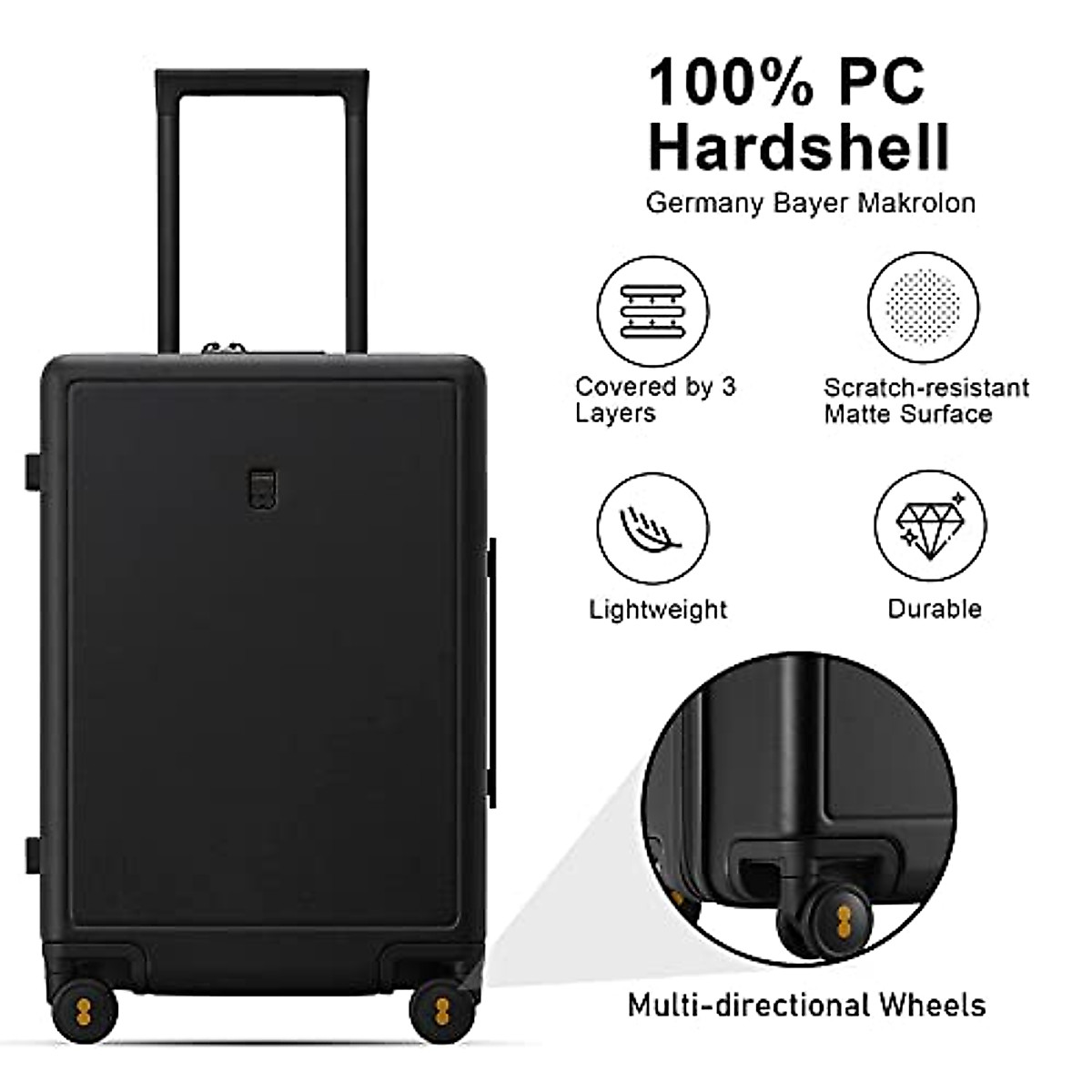 LEVEL8 Elegance Checked Luggage, 24 Inch Hardside Suitcase, Lightweight PC Matte Hardshell with TSA Lock, Spinner Wheels - Black