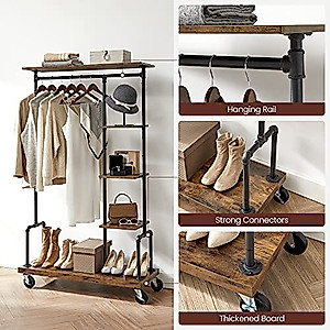 VASAGLE Clothes Rack, Clothing Garment Rack on Wheels, Rolling Clothes Organizer with 5-Tier, Industrial Pipe Style, Rustic Brown UHSR66BX