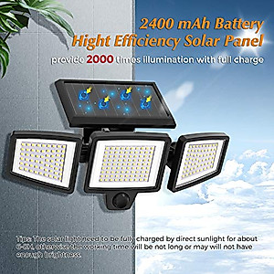 KERNOWO Solar Lights Outdoor, 2500LM Solar Flood 210 LED Security Lights with 25FT Motion Sensor IP65 Waterproof 3 Heads Spot Flood Wall Lights for Porch Garage Yard Entryways Patio (Black, 1Pcs)