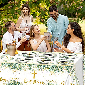 98pcs God Bless Plates Baptism Tableware First Holy Communion Mi Bautizo Disposable Tableware Set with Plates Napkins Tablecloth for Newborn Baby Shower Party Christening Religious Party Decorations