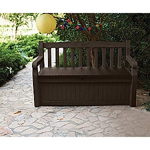 Keter Solana 70 Gallon Storage Bench Deck Box for Patio Furniture, Front Porch Decor and Outdoor Seating – Perfect to Store Garden Tools and Pool Toys, Brown