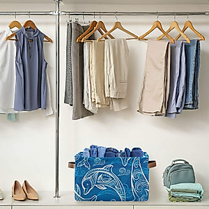 susiyo Large Foldable Storage Bin Dolphins Fabric Storage Baskets Collapsible Decorative Baskets Organizing Basket Bin with PU Handles for Shelves Home Closet Bedroom Living Room-2Pack