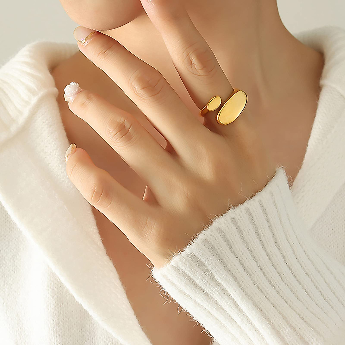 Chunky Dome Ring Stainless Steel Statement Rings for Women Teen Girls Irregular Geometric Rings Titanium Stackable Rings Adjustable Knuckle Midi Rings Set Open Finger Rings Aesthetic Jewelry (Gold)