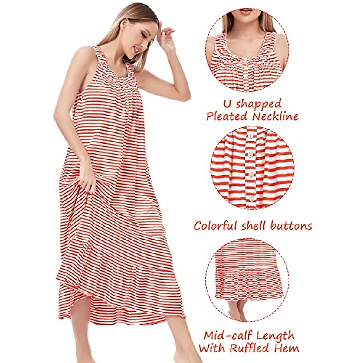 MZROCR Cotton Nightgowns for women Soft Sleeveless Night gown Long Nightdress for Ladies Button Down Pajama Dress Sleepwear