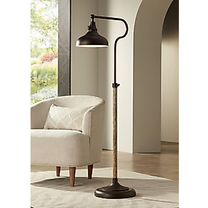 Franklin Iron Works Ferris Industrial Rustic Farmhouse Adjustable Pharmacy Floor Lamp Downbridge 57" Tall Bronze Faux Wood Grain Metal Brown Shade for Living Room Reading House Bedroom Family Home