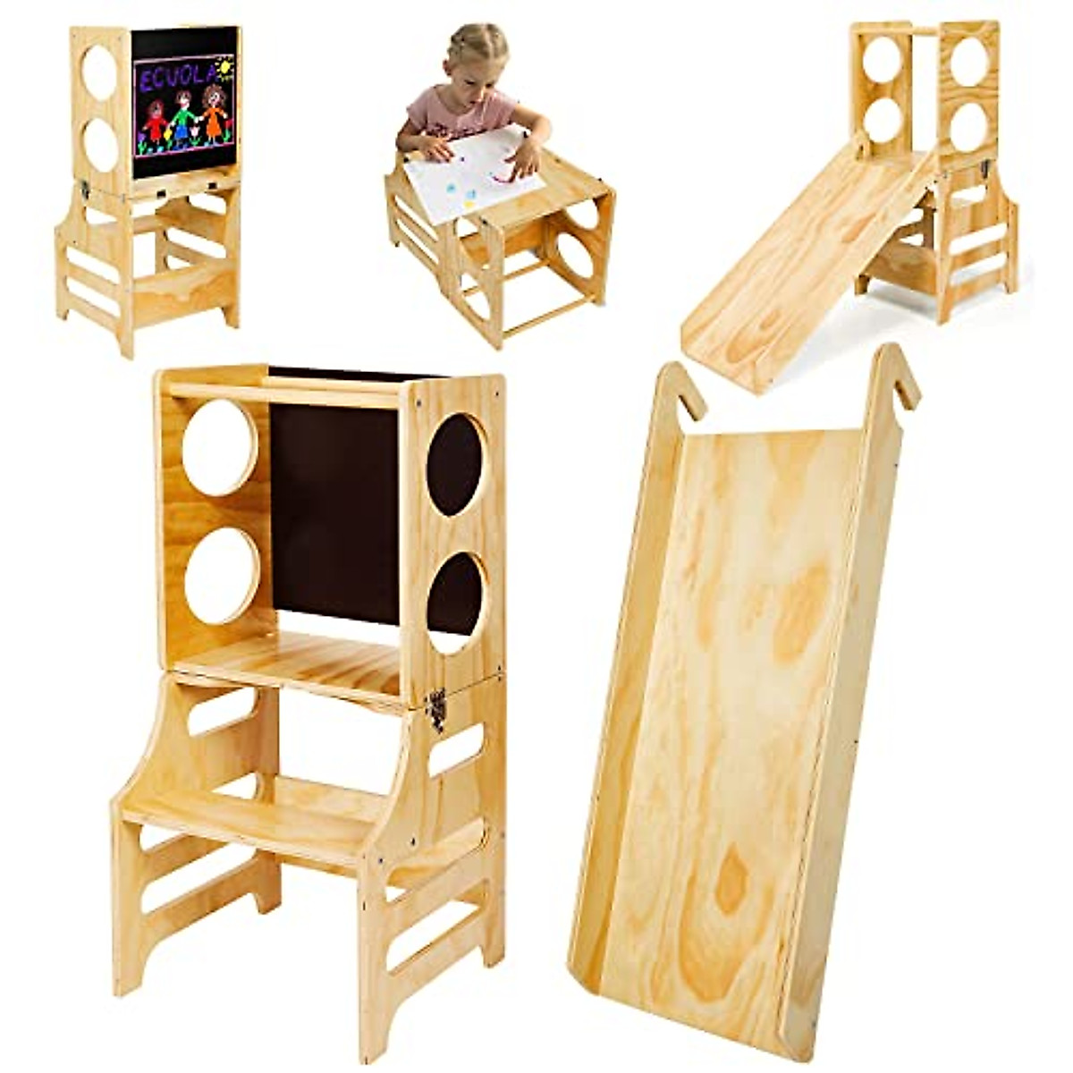 4 in 1 Learning Kitchen Tower Toddler Kitchen Stool with Safety Rail Helper Stool for Toddlers Foldable Learning Tower Toddler Step Stool with Slide and Chalkboard