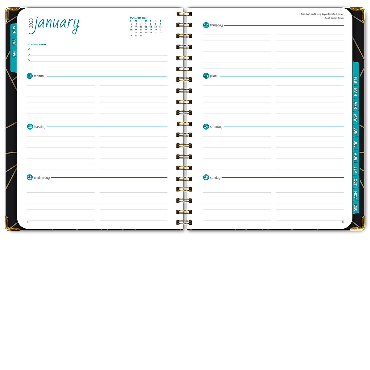 HARDCOVER 2023 Planner: (November 2022 Through December 2023) 8.5"x11" Daily Weekly Monthly Planner Yearly Agenda. Bookmark, Pocket Folder and Sticky Note Set (Black Gold Triangles)
