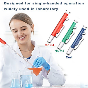 ONiLAB Pipette Pump，Set of 3 Lab Pipettes, 2ml Blue, 10ml Green, 25ml Red, Fit Plastic or Glass Pipettes…