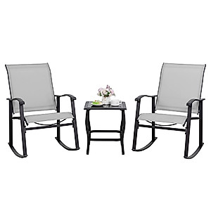 Shintenchi 3 Piece Rocking Bistro Set, Outdoor Furniture with Rocker Chairs and Glass coffee table set of 3, Balcony, Porch Furniture for Small Space, Light Gray