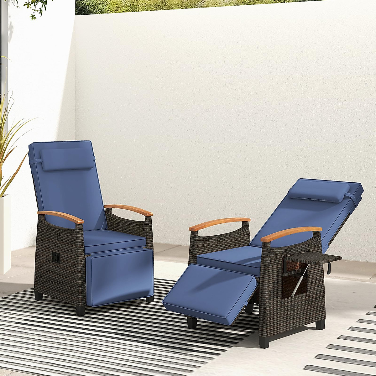 RELAX4LIFE Rattan Outdoor Recliner Chair - Wicker Chaise Lounge Chair w/Adjustable Back & Footrest, Acacia Wood Armrests, Flip Side Table, Cushion, Reclining Patio Chair for Pool Yard (1, Navy)