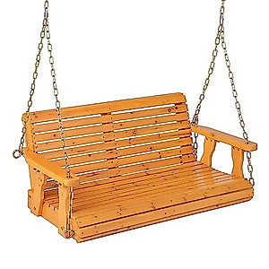 Tangkula 2 Person Hanging Porch Swing, Outdoor Bench Swing with Adjustable Chains, High Back, Cozy Armrests, Wooden Tree Swing Chair for Patio Backyard Deck Garden (Natural)