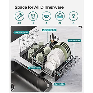 SONGMICS Dish Drying Rack, Rustproof Aluminum Dish Drainer with 21.1-28.2 Inches Expandable Drainboard, Rotatable Spout, for Kitchen Counter, Glass and Cup Holders, Silver and Black UKCS031E01