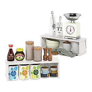 Furinno Helena Kitchen Counter Stackable Organizer Shelf, Set of 2, 18-Inch, Marble White