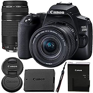 Canon EOS 250D (SL3) Black with EF-S 18-55mm f/4-5.6 is STM Lens and Canon EF 75-300mm f/4-5.6 III Lens in Professional Deluxe Basic Bundle