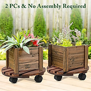 Plant Caddy with Lockable Wheels, Rolling Plant Stand 12 Inch Wooden, Plant Roller Base 150 lb Heavy Duty, 2 Packs Plant Dolly, Indoor Outdoor Potted Plant Mover
